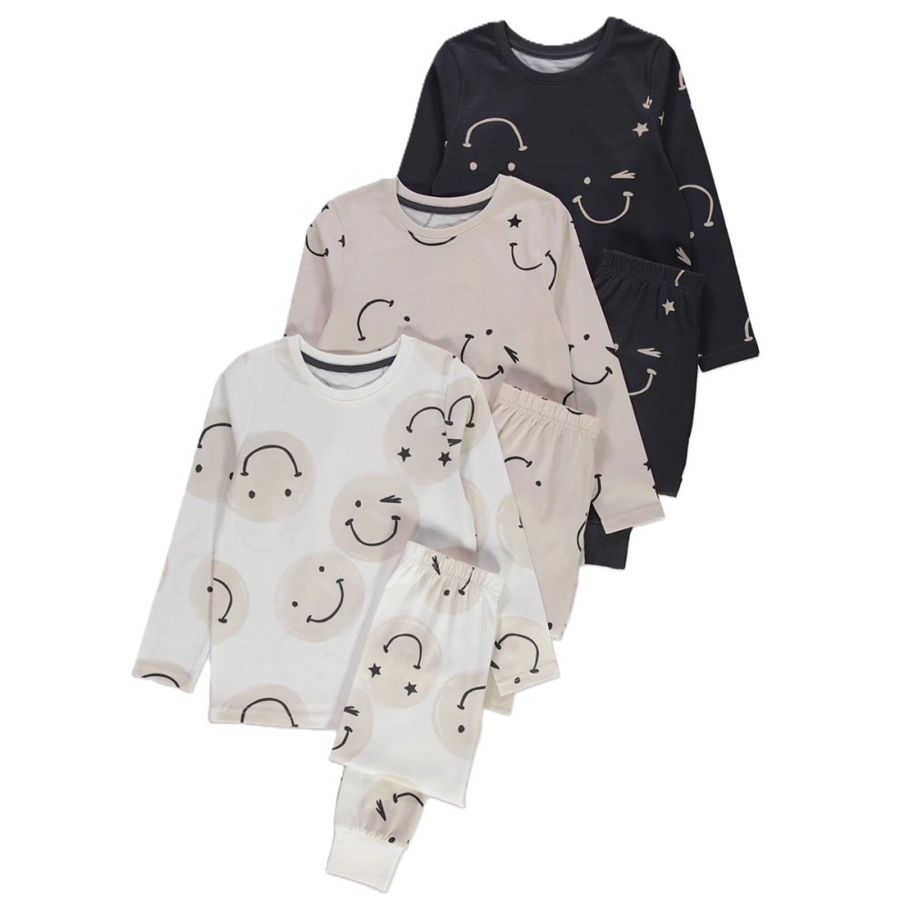 GX567: Unisex 3 Pack Smiley Face Long Sleeve Pyjamas (1-14 Years)