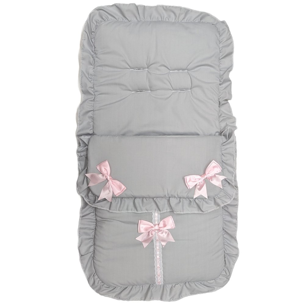 Plain Grey/Pink Footmuff/Cosytoe With Large Bows & Lace