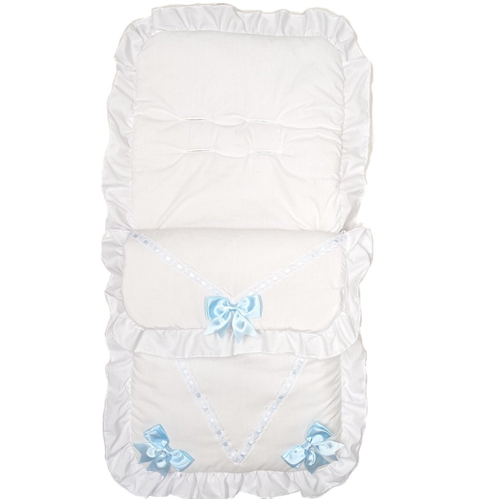 Plain White/Sky Footmuff/Cosytoes With Large Bows & Lace (New Design)