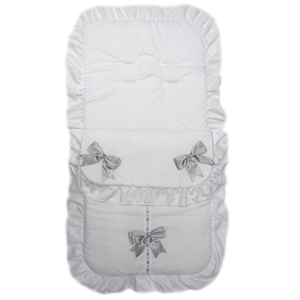 Plain White/Silver Footmuff/Cosytoe With Large Bows & Lace