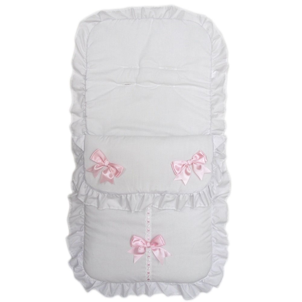 Plain White/Pink Footmuff/Cosytoe With Large Bows & Lace